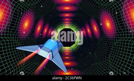 Arcade space ship flying to the gateway in blue corridor 3D landscape ...