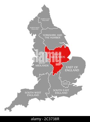 Modern Map - East Midlands map of England UK with districts and labels ...