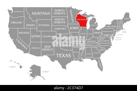 Wisconsin red highlighted in map of the United States of America Stock ...