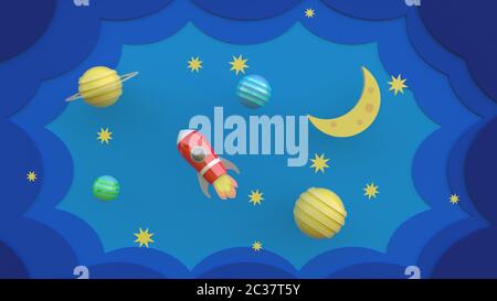 3D rendering, 3D illustrator, red spaceship, cartoon in space With ...