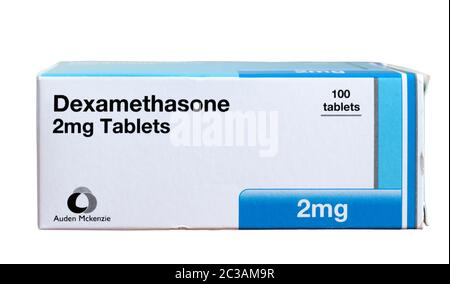 Stock photo of a box of Dexamethasone 2mg tablets by Auden McKenzie. A ...
