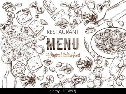 Pasta menu template. Sketch style drawing. White illustration on ...