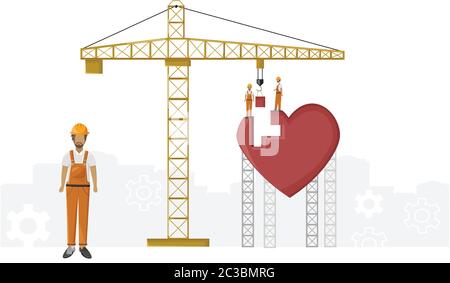 infographic presentation of construction with workers icons over white ...