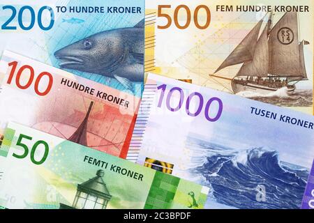 Money of Norway. Norwegian krone bills. NOK banknotes. 100 kroner ...