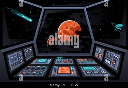 Futuristic spaceship cockpit interior with pilot control panel, windows with cosmos outside ...