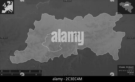 Vlaams Brabant, province of Belgium. Grayscale elevation map with lakes ...
