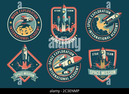 Vintage astronaut vector labels, badges and emblems set. Rocket label ...