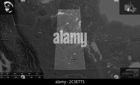 Saskatchewan, province of Canada. Grayscaled map with lakes and rivers ...