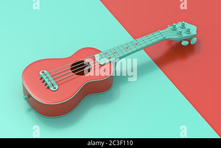 Green red soprano ukulele Side view 3D rendering illustration on red ...