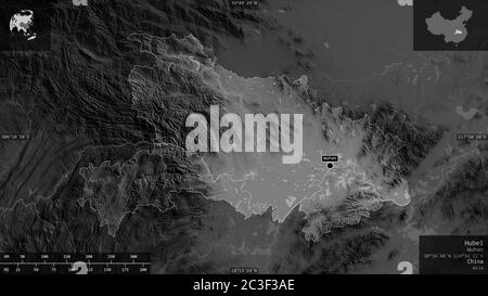 Hubei, province of China. Grayscaled map with lakes and rivers. Shape ...