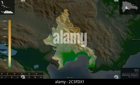 Azua, province of Dominican Republic. Colored elevation map with lakes ...