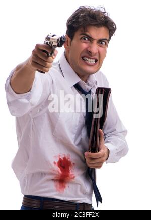 Businessman wounded in gun fight isolated on white Stock Photo - Alamy