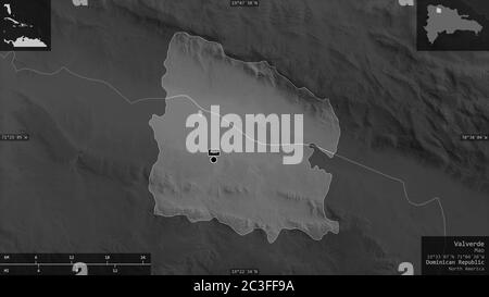 Valverde, province of Dominican Republic. Grayscaled map with lakes and ...