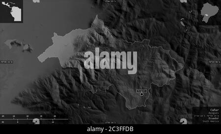 Cañar, province of Ecuador. Grayscaled map with lakes and rivers. Shape ...