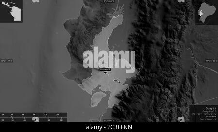 Guayas, province of Ecuador. Grayscaled map with lakes and rivers ...