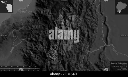 Zamora Chinchipe, province of Ecuador. Grayscaled map with lakes and ...