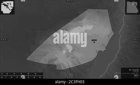 Al Fayyum, governorate of Egypt. Grayscale elevation map with lakes and ...