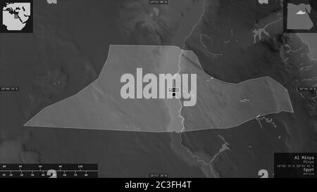 Al Minya, governorate of Egypt. Grayscale elevation map with lakes and ...