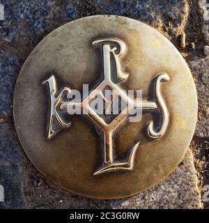 Karolus-Monogramm, signum of Charlemagne at the old town of Aachen ...