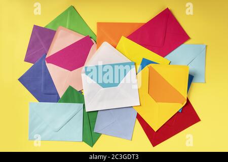 top view of various yellow office appliances on red Stock Photo - Alamy