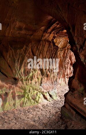 Wall carvings in Lacy's Caves in the Eden Valley, Cumbria, UK Stock ...
