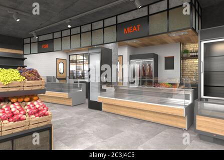 3D visualization of the interior of the grocery store. Design in loft ...