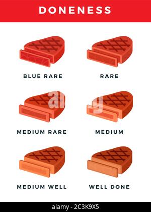 Steak doneness illustration, set. Different stages of steak. Blue rare ...