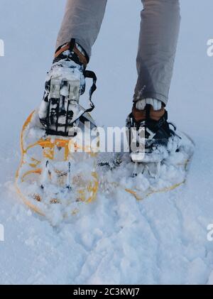Vertical shot of feet wearing snowshoes on the mountains covered with ...