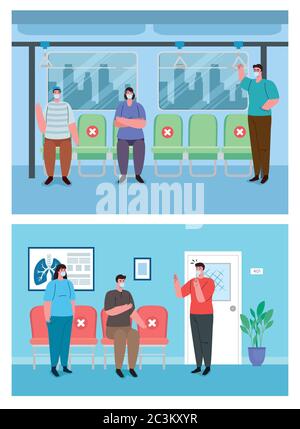 Social distance concept scenes set. Men and women keep safe distance in ...