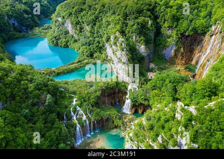 Aerial view of the Sastavci waterfall on the Plitvice Lakes National ...