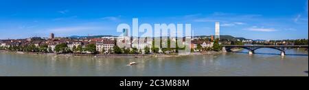 Cityscape of the Swiss city of Basel with the cruise ship Amamora ...