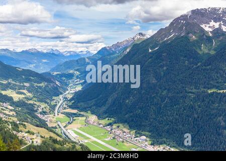 Aerial view of the Piora Valley with the village Piotta, the Ambri ...