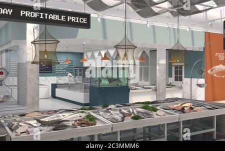 The interior of the shop fresh fish and seafood. 3D render. Design ...