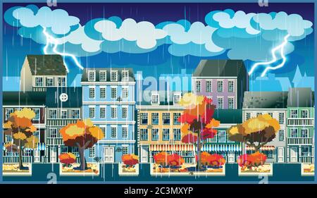 Rain on city street with houses, tram and empty car road with ...