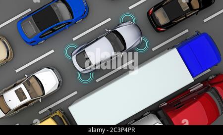 Top view of self-driving car cutaway image. Front seats turned backward ...