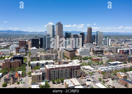 aerial view above Denver Colorado skyline to Rocky Mountain Front Range ...