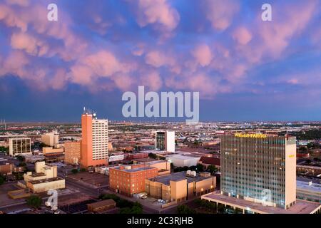 Aerial view of downtown Lubbock with thunderstorm in background Stock ...