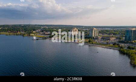 Aerial view of Downtown Barrie, Ontario, including the waterfront park ...