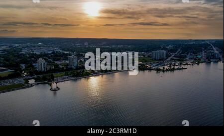 Aerial view of Downtown Barrie, Ontario, including the waterfront park ...