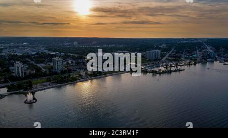 Aerial view of Downtown Barrie, Ontario, including the waterfront park ...