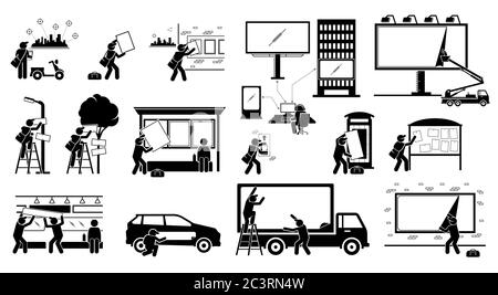 Advertisement agency putting up display advertisement for indoor ...