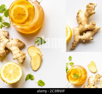 collage of hot tea near ginger root, lemon and mint on white background ...