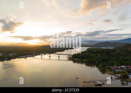 Aerial image of Mengkabong River during twilight sunrise at Tuaran ...