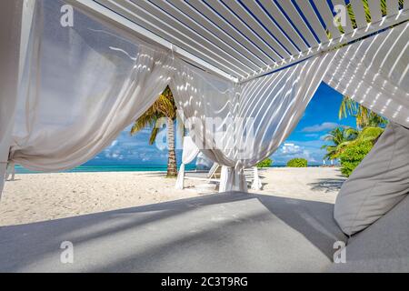 Comfortable lounge canopy on VIP beach seascape. Design of tourism for ...