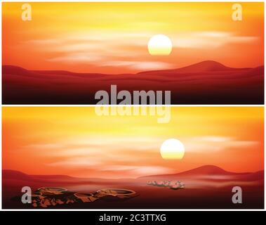 Mars landscape, alien planet sunset background, red desert surface with ...