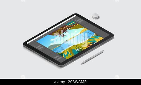 tablet with beautiful wallpaper on screen isolated on white background ...