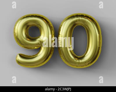 Number 90 gold foil helium balloon isolated on a white background. 3D ...