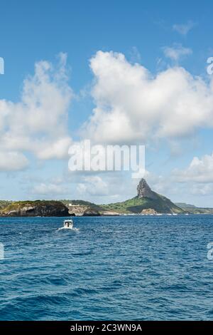 Beautiful view of Morro do Pico from the sea at Fernando de Noronha, a ...