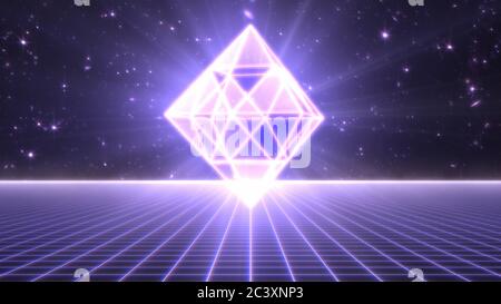 3D render synthwave wireframe net abstract background. Future retro line grid illustration ...