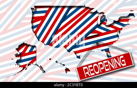 We are open sign with US map, reopening economies concepts. 3d ...